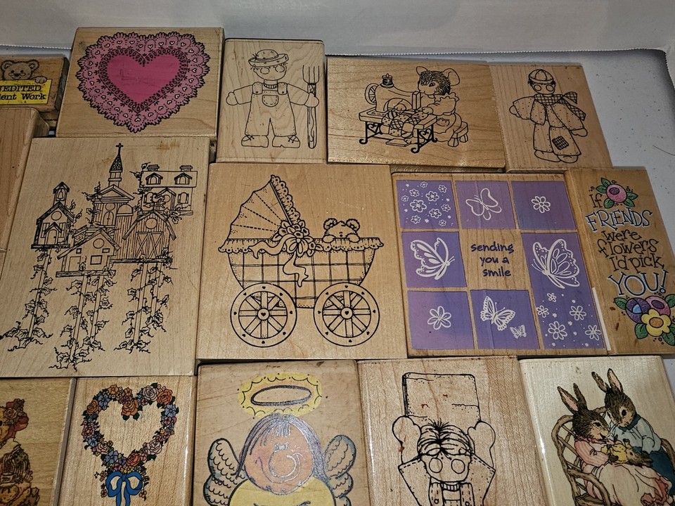 Lot of 29 Assorted Rubber Stamps Wood Holiday Children Mouse Rabbits ...