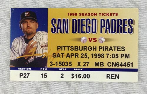 MLB 1998 04/25 Pittsburgh Pirates at San Diego Padres Ticket Stub - 16 ...