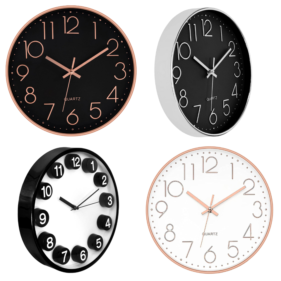 30cm Wall Clock Round Quartz Silent Movement Analogue Home White Black ...