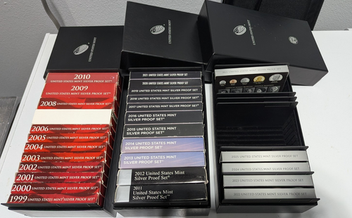 1999-2025 US Mint Silver Proof Sets Boxes & COAs, US Mint Storage Boxes ...