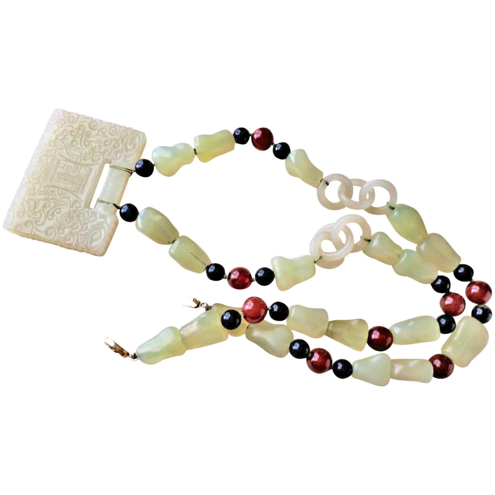 Chinese Jade Pendant, Devil's Work Jade, Carnelian, Blue Tiger's Eye ...