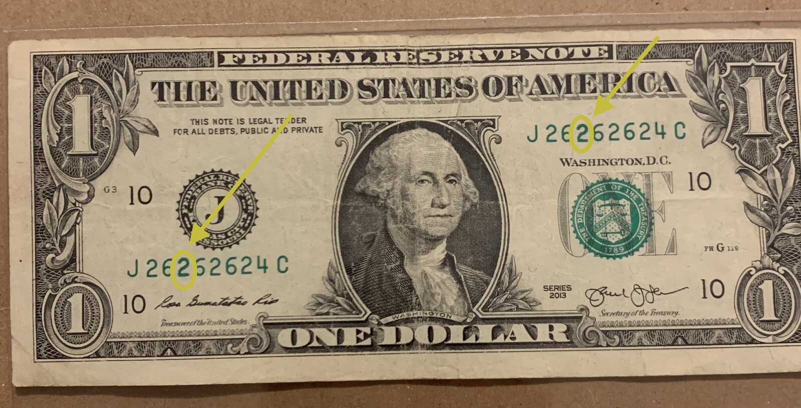 $1 trinary dollar bill with Over Ink Error. J26262624C. Fancy Serial ...