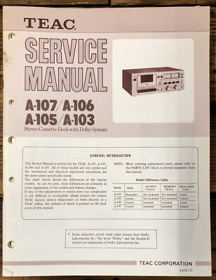 Teac A-103 105 106 107 Cassette Service Manual *Original* | eBay
