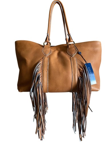 Lucchese Cowhide Leather Fringe Tote Camel Tan Travel Bag Western Rodeo ...