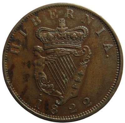 1822 King George IV Ireland Hibernia One Penny Coin In Excellent Grade ...