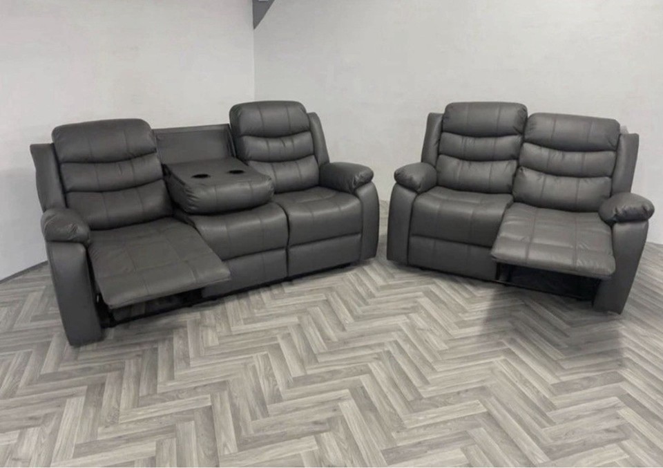 Roma | Grey | Leather Recliner Sofa 3+2 Seater With Cup Holders ...