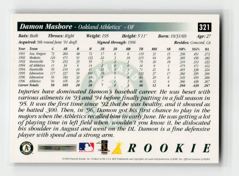 1997 Score Damon Mashore #321 RC Auto Oakland Athletics | eBay