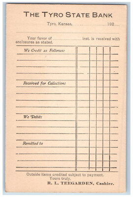 Tyro Kansas KS Postal Card The Tyro State Bank c1920's Unposted Antique ...