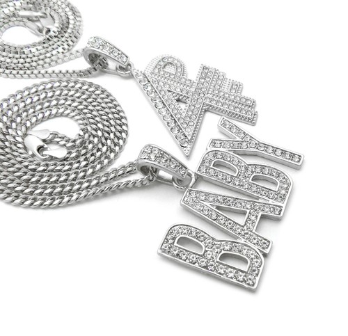 Iced Silver PT Lil BABY 4PF Pendant & 20" 24" Box Cuban Chain Hip Hop ...