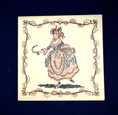 Tile trivet victorian lady pink blue dress gathering wheat glazed | eBay
