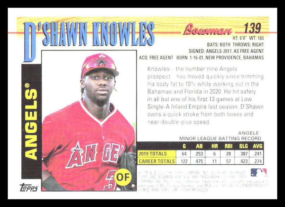 2021 Bowman Heritage Chrome D'Shawn Knowles Prospect 139 Los Angeles ...