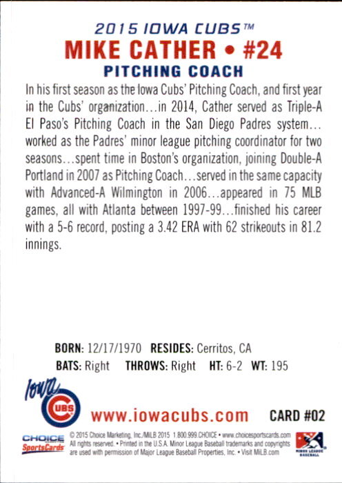 2015 Iowa Cubs Choice #2 Mike Cather Cerritos California CA Coach ...