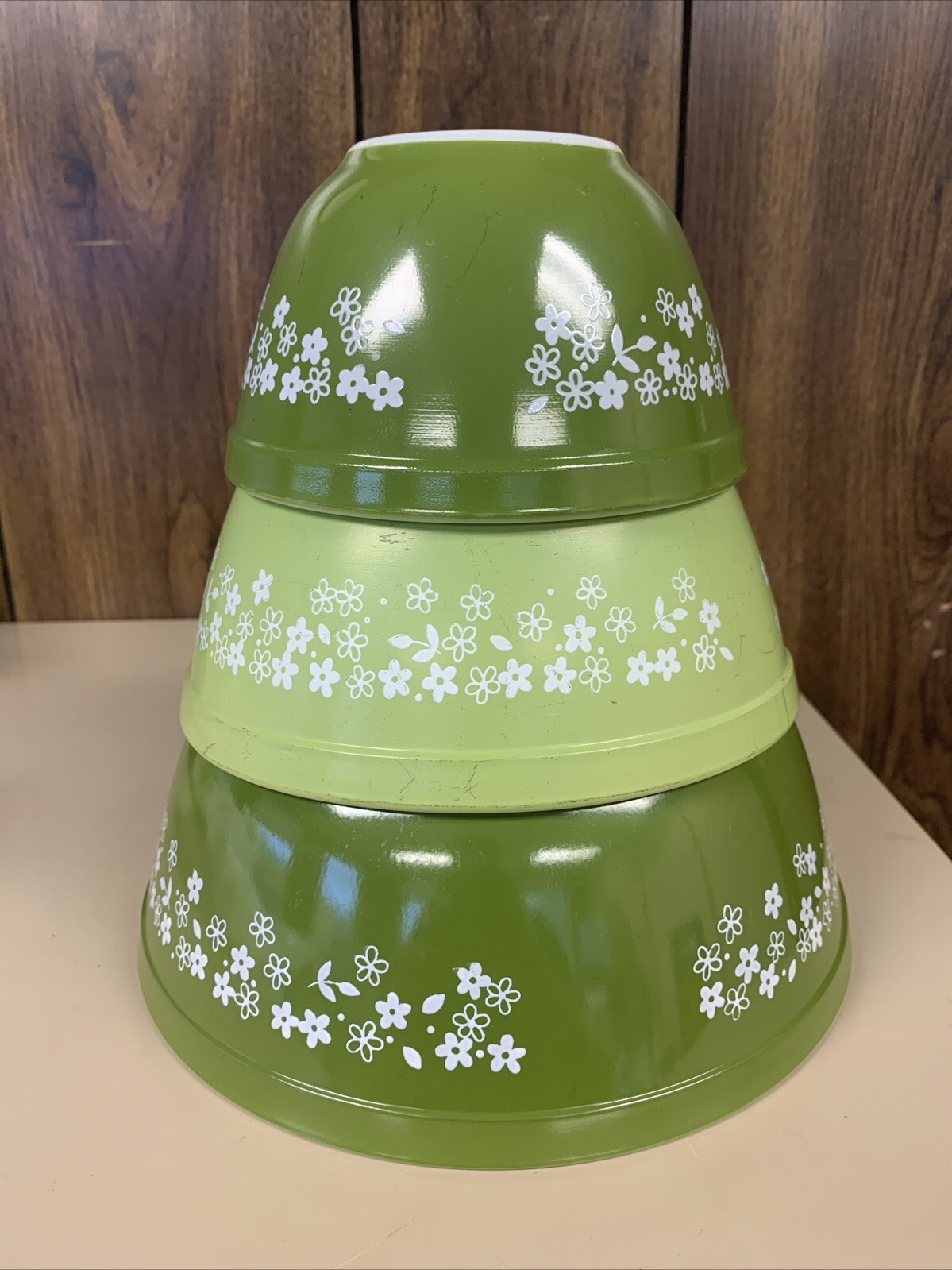 VINTAGE PYREX SET OF THREE GREEN "CRAZY DAISY" PATTERN NESTING BOWLS ...