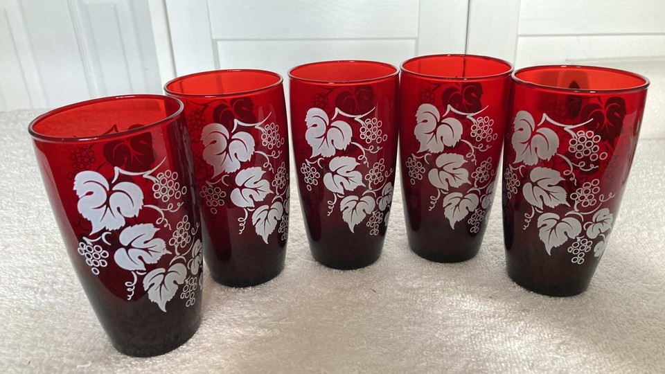 Vintage red glass water pitcher plus 5 red water glasses that hold 8 ...