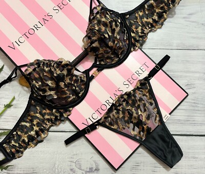 Victoria’s Secret Leopard Embroidery Unlined Low-Cut Demi Bra Thong Set ...