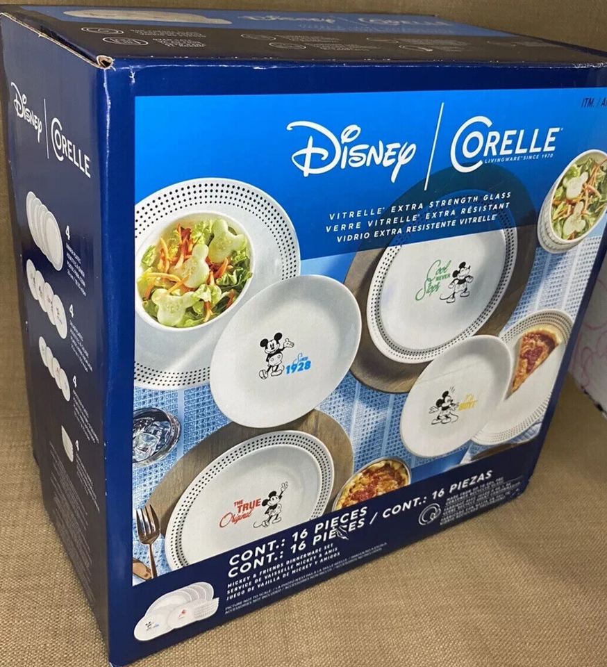 Disney Corelle Vitrelle Extra Strength Glass 16 pc Dinner Set Mickey ...
