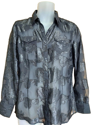 Ariat Sheer Black Snap Front Long Sleeve Metallic Western Blouse Women ...