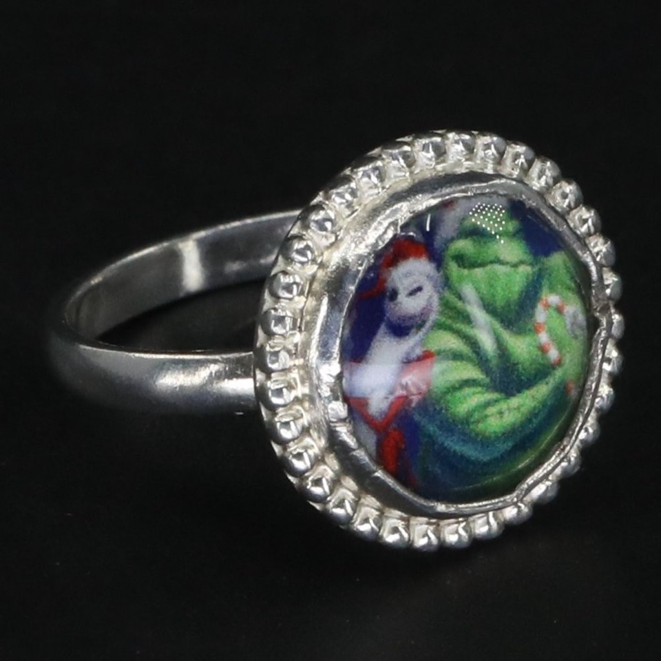 Sterling Silver - Painted Grinch Christmas Glass Pebbled Ring Size 6.5 ...