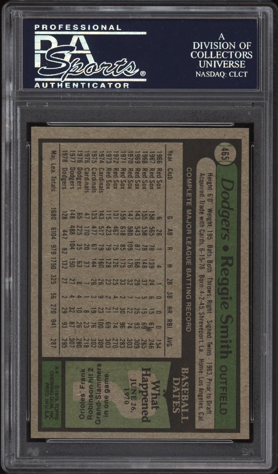1979 Topps #465 Reggie Smith - Dodgers - PSA 10 - *51964 - Pop 5 ...