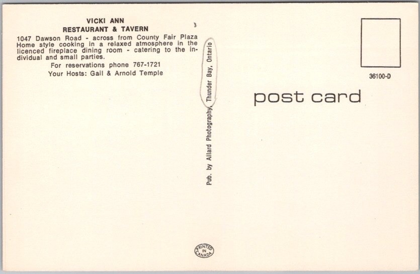 THUNDER BAY, Ontario Canada Postcard VICKI ANN RESTAURANT & TAVERN ...