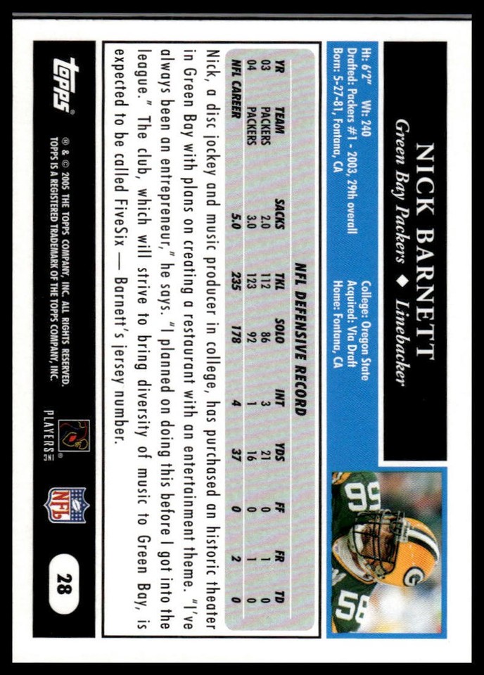 2005 Topps #28 Nick Barnett | eBay