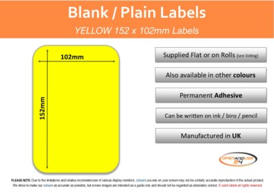 Yellow 152mm x 102mm | 6 x 4 inches | Self adhesive Color Coding Labels ...