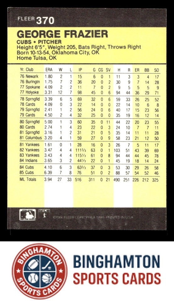 1986 Fleer #370 George Frazier | eBay