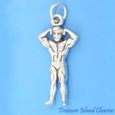 Muscle Man Bodybuilder Fitness 3D 925 Solid Sterling Silver Charm ...