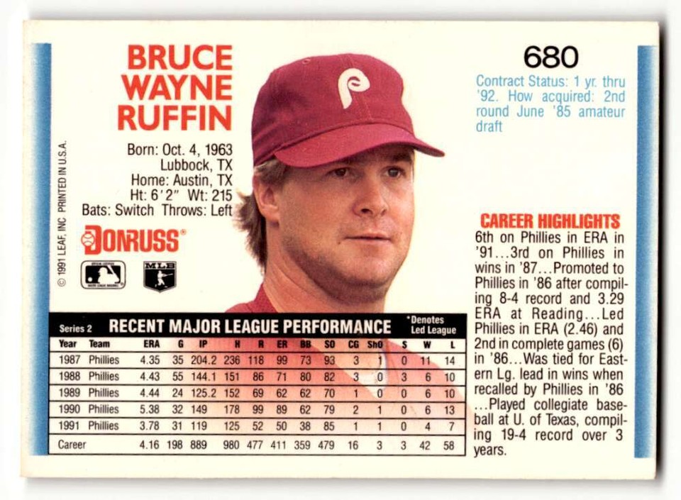 1992 Donruss #680 Bruce Ruffin Philadelphia Phillies Baseball Cards ID ...