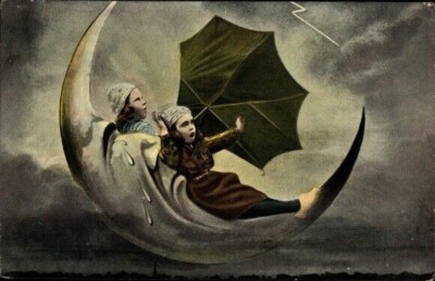 Arcade Photo RPPC 1910`s Two Girls Seated On Crying CRESCENT MOON In a ...