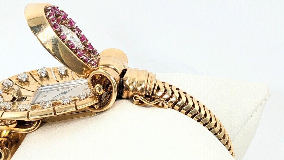 Vintage 14 kt gold ladies diamond and ruby studded art deco wristwatch ...