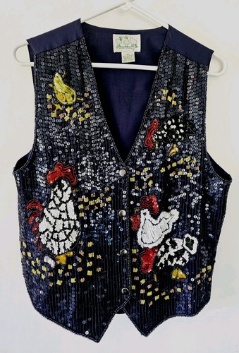 QUACKER FACTORY Y2k Sequin Beaded Vest Farm CHICKENS Hens Rooster M ...