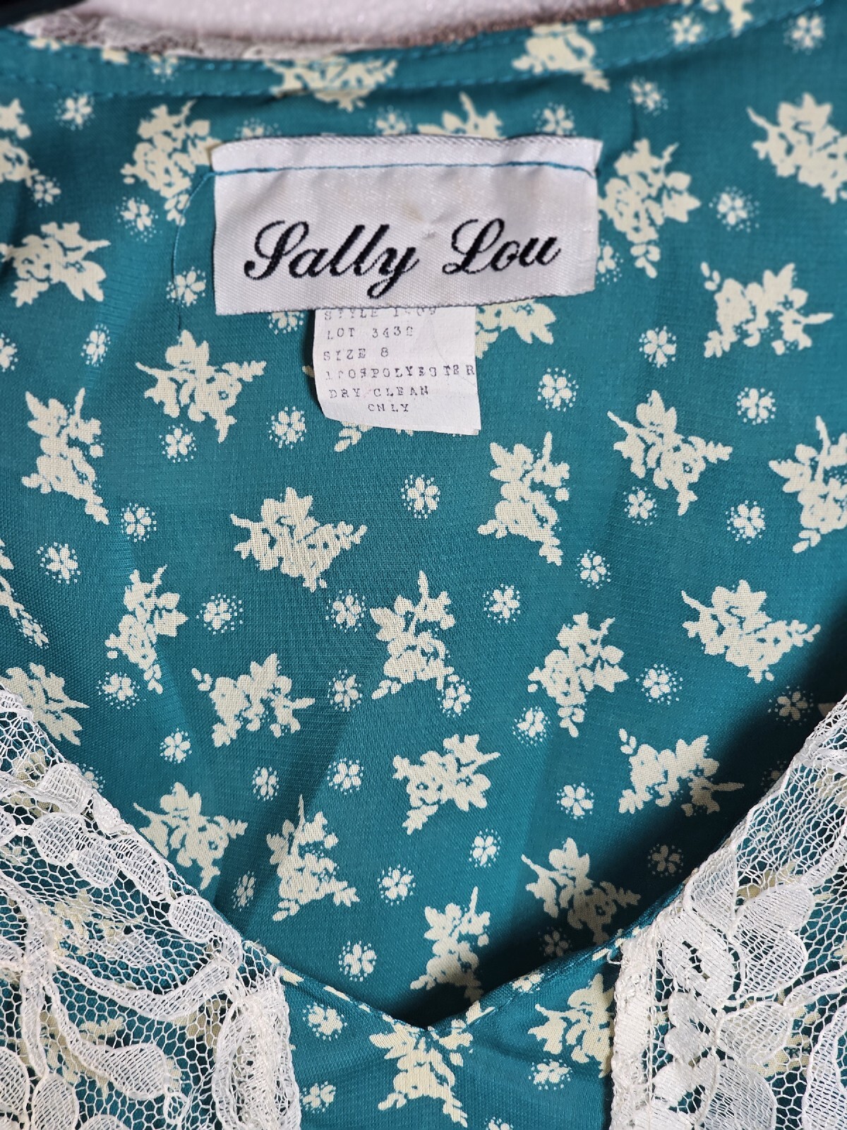 Vintage SALLY LOU 80s Floral Lace Top Dress Green Whi… - Gem