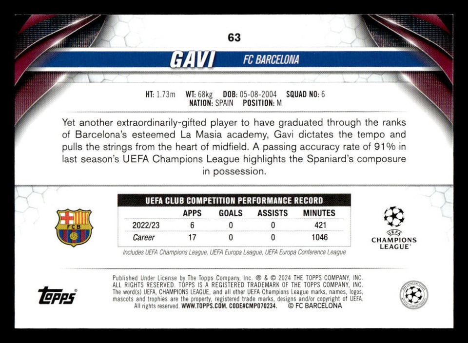 2023-24 Topps UEFA Club Competitions #63 Gavi card | eBay