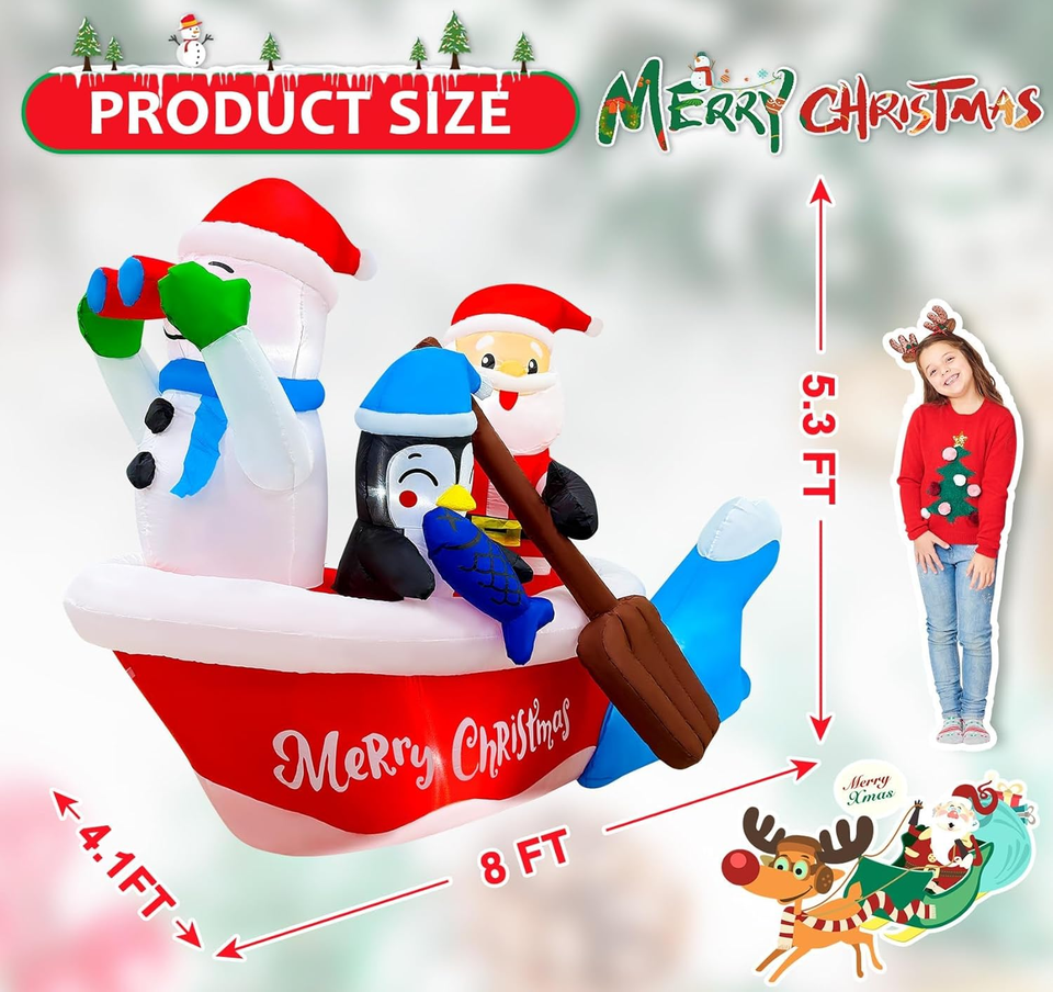 8FT Christmas Inflatables Santa on Boat 2025 NEW LED Outdoor Decoration ...