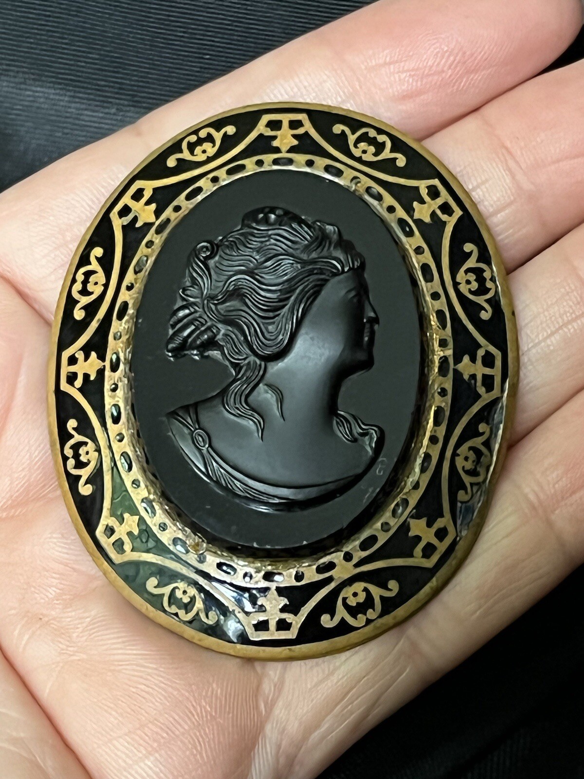 Antique Black Crystal Cameo Large Brooch With Black E… - Gem