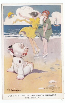 Enjoying the Breeze Flappers BONZO on the Beach by Studdy OLD POSTCARD ...
