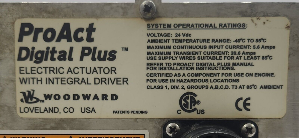 WOODWARD 8404-010 PROACT DIGITAL PLUS ELECTRICAL ACTUATOR WITH INTEGRAL ...