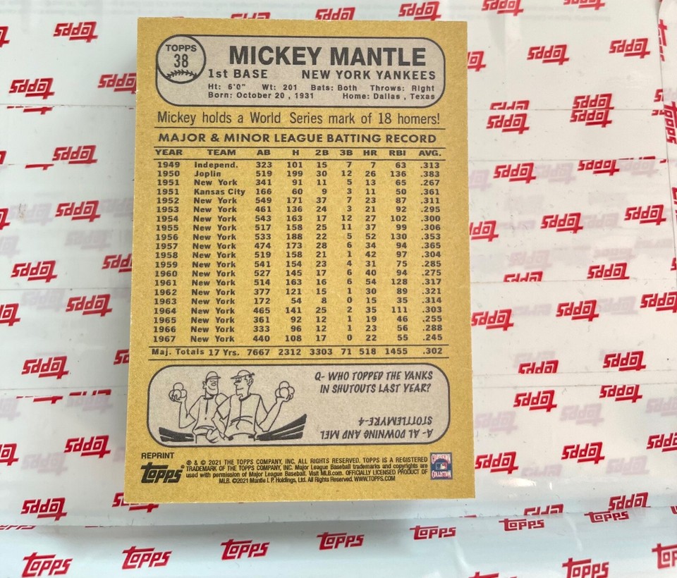 2021 Topps X Mickey Mantle Collection 1968 Topps Reprint Card #38 ...