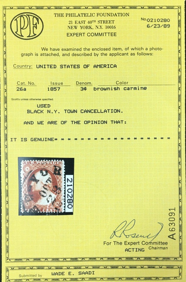 MOMEN: US STAMPS #26A NY CDS USED VF/XF EX WADE SAADI PF CERT LOT ...