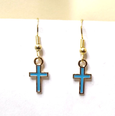 NEW CROSS EARRINGS SMALL BLUE GOLD TONE DROP DANGLE HOOK | eBay