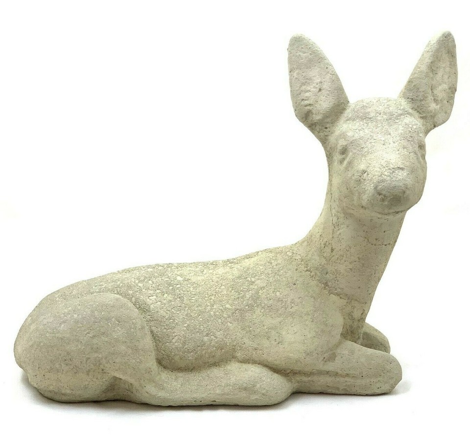 LARGE VINTAGE DEER STATUE Cement Concrete Doe Fawn Outdoor Garden Yard ...