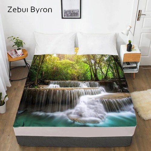 3D HD Digital Waterfall Print Bed Sheet With Elastic,Fitted Sheet ...