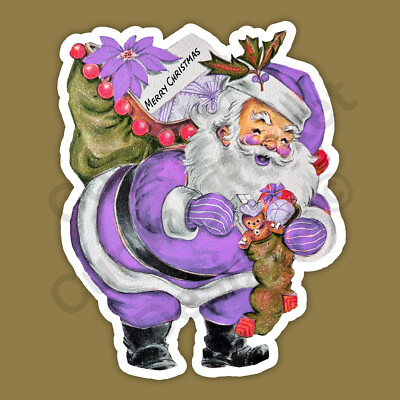 Vintage Christmas Card Style Purple Santa Claus Merry 3" Vinyl Sticker ...