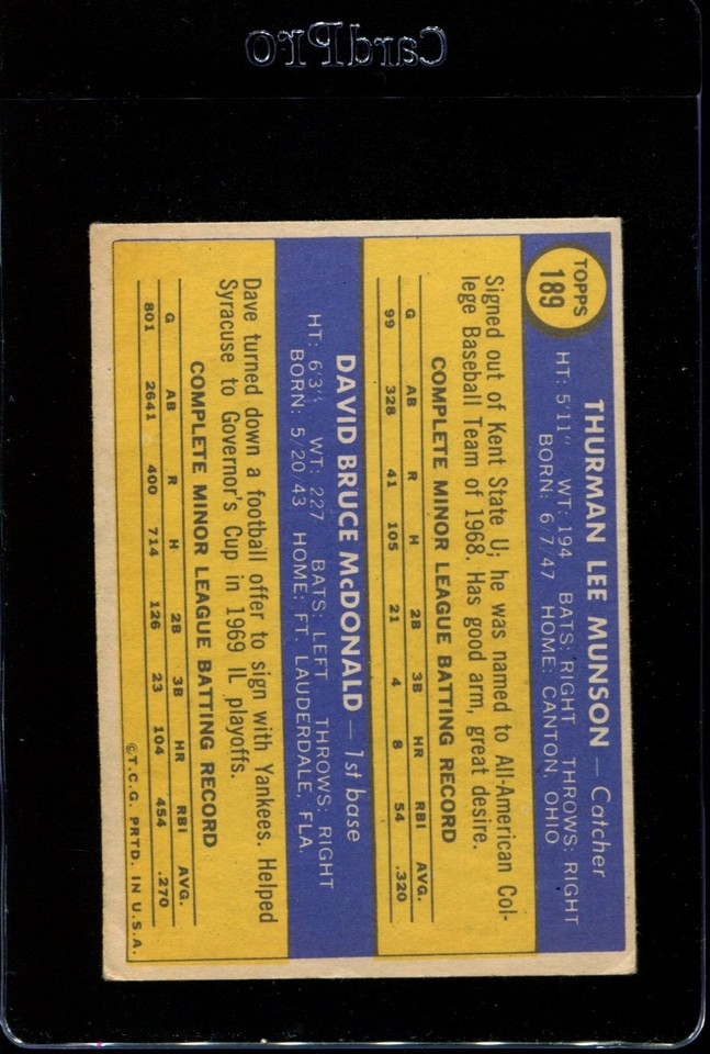 1970 TOPPS #189 THURMAN MUNSON RC VG/VGEX *339085 | eBay