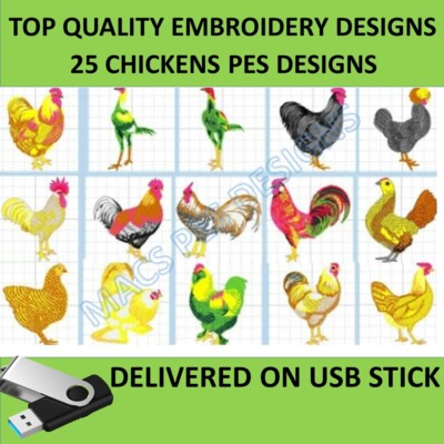 Chickens 25 PES designs on USB Machine Embroidery files brother Farm ...
