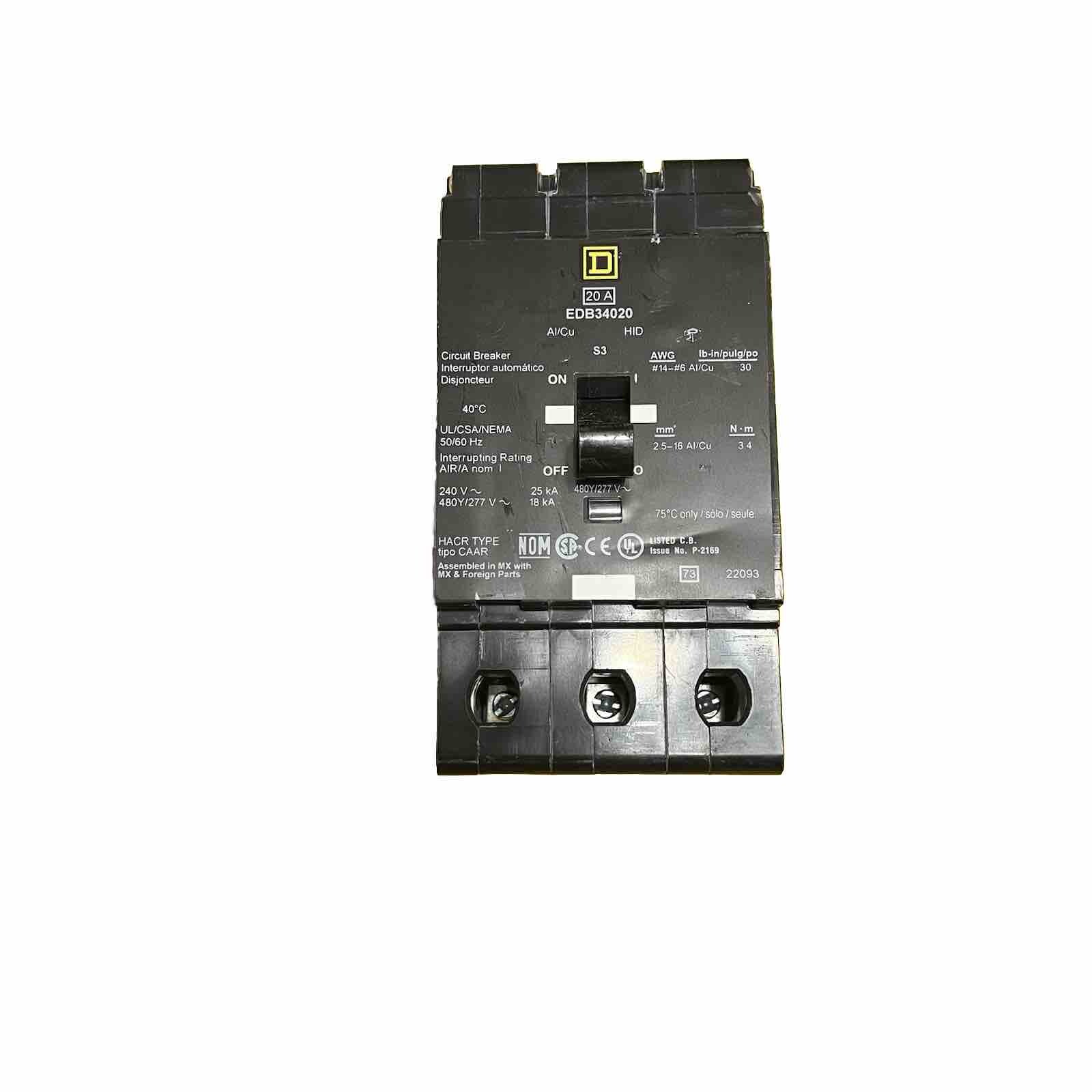 SQUARE D EDB34020 20 AMP 480 VOLT 18K 3 POLE BOLT ON CIRCUIT BREAKER ...