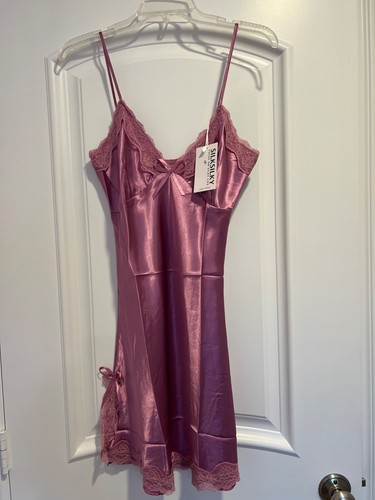 silk silky satin chemise sleepwear women pajama Lilac slits bows XS ...