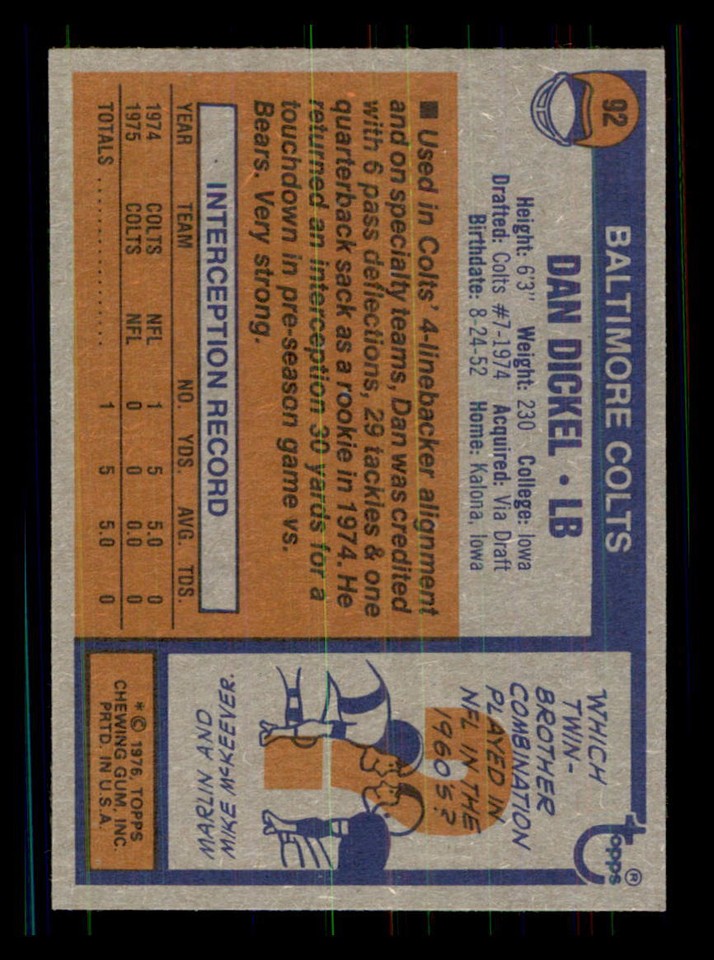 1976 Football Topps Dan Dickel Baltimore Colts #92 2 | eBay