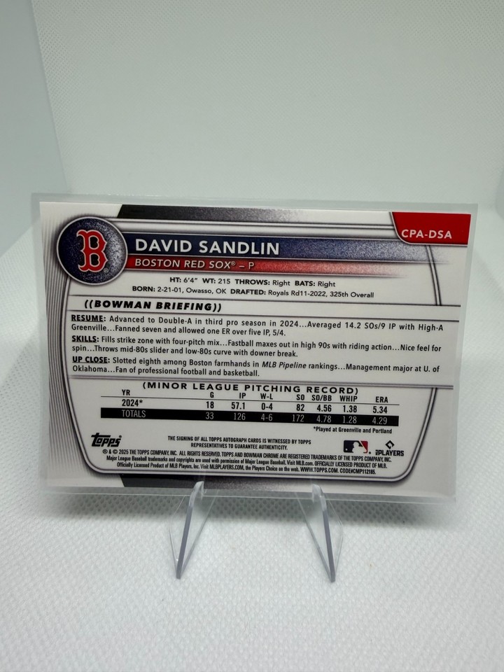 David Sandlin Autograph 2025 1st Bowman Chrome #CPA-DSA Auto Boston Red ...
